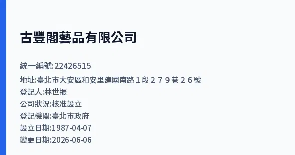 古豐閣藝品有限公司的照片-統編 22426515(臺北市) 公司登記資料與營業項目詳細圖表