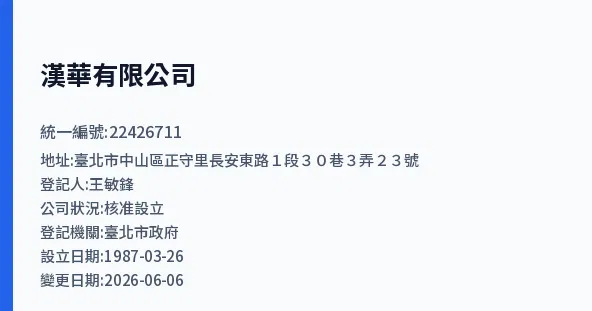 漢華有限公司的照片-統編 22426711(臺北市) 公司登記資料與營業項目詳細圖表