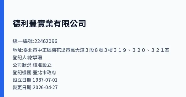 德利豐實業有限公司的照片-統編 22462096(臺北市) 公司登記資料與營業項目詳細圖表