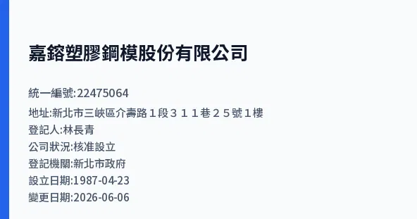 嘉鎔塑膠鋼模股份有限公司的照片-統編 22475064(新北市) 公司登記資料與營業項目詳細圖表