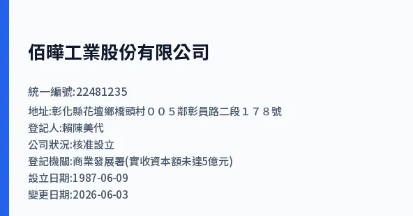 佰曄工業股份有限公司的照片-統編 22481235(彰化縣) 公司登記資料與營業項目詳細圖表