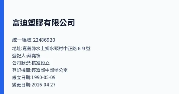 富迪塑膠有限公司的照片-統編 22486920(嘉義縣) 公司登記資料與營業項目詳細圖表