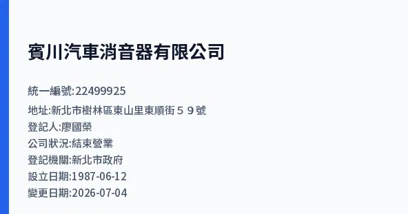 賓川汽車消音器有限公司的照片-統編 22499925(新北市) 公司登記資料與營業項目詳細圖表