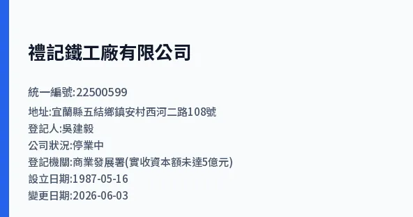 禮記鐵工廠有限公司的照片-統編 22500599(宜蘭縣) 公司登記資料與營業項目詳細圖表