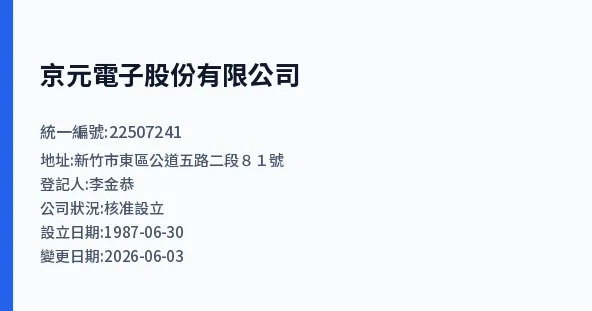 京元電子股份有限公司的照片-統編 22507241(新竹市) 公司登記資料與營業項目詳細圖表