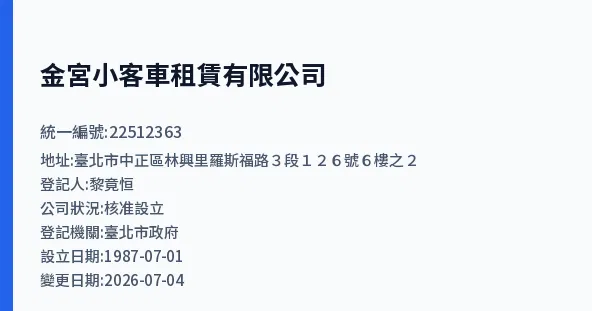 金宮小客車租賃有限公司的照片-統編 22512363(臺北市) 公司登記資料與營業項目詳細圖表