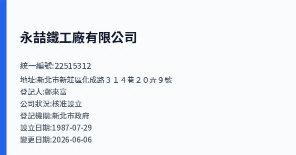 永喆鐵工廠有限公司的照片-統編 22515312(新北市) 公司登記資料與營業項目詳細圖表