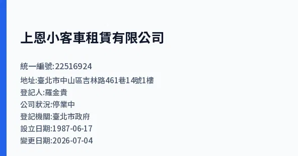上恩小客車租賃有限公司的照片-統編 22516924(臺北市) 公司登記資料與營業項目詳細圖表