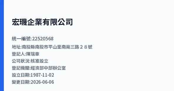 宏璣企業有限公司的照片-統編 22520568(南投縣) 公司登記資料與營業項目詳細圖表