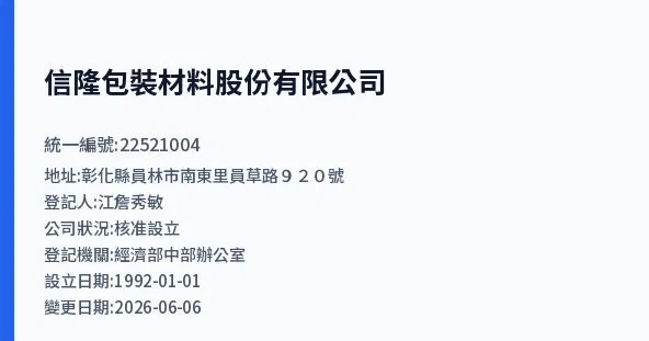 信隆包裝材料股份有限公司的照片-統編 22521004(彰化縣) 公司登記資料與營業項目詳細圖表