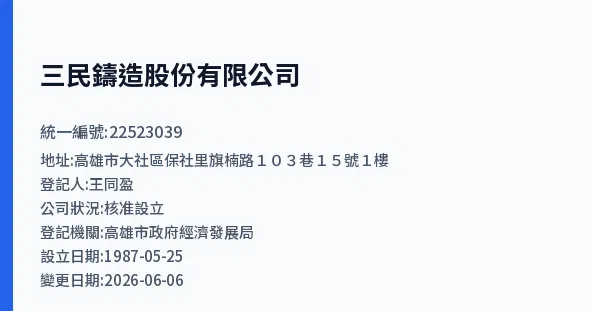 三民鑄造股份有限公司的照片-統編 22523039(高雄市) 公司登記資料與營業項目詳細圖表