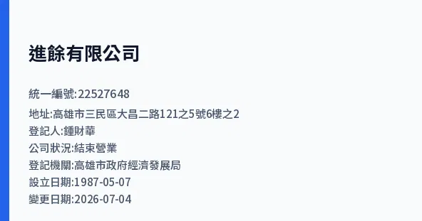 進餘有限公司的照片-統編 22527648(高雄市) 公司登記資料與營業項目詳細圖表