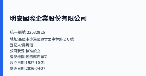 明安國際企業股份有限公司的照片-統編 22532826(高雄市) 公司登記資料與營業項目詳細圖表