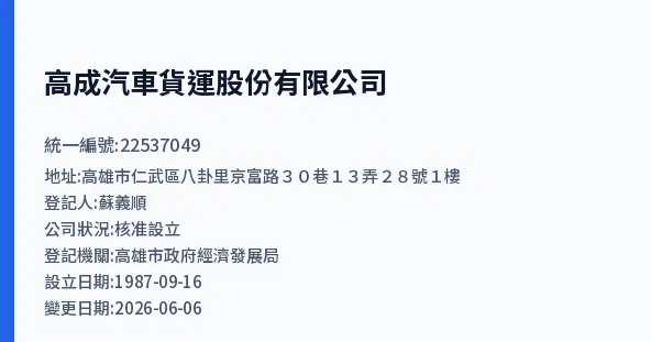 高成汽車貨運股份有限公司的照片-統編 22537049(高雄市) 公司登記資料與營業項目詳細圖表
