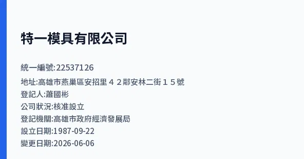 特一模具有限公司的照片-統編 22537126(高雄市) 公司登記資料與營業項目詳細圖表