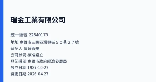 瑞金工業有限公司的照片-統編 22540179(高雄市) 公司登記資料與營業項目詳細圖表