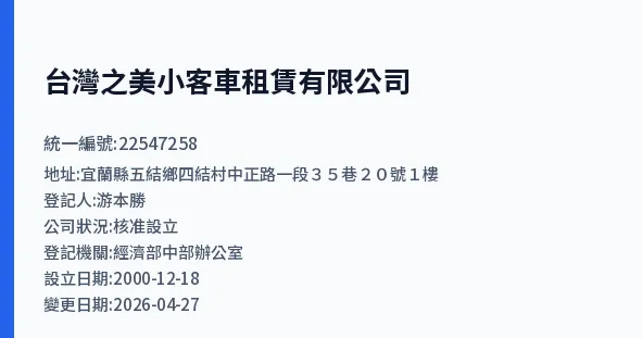 台灣之美小客車租賃有限公司的照片-統編 22547258(宜蘭縣) 公司登記資料與營業項目詳細圖表