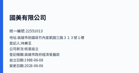 國美有限公司的照片-統編 22551013(高雄市) 公司登記資料與營業項目詳細圖表