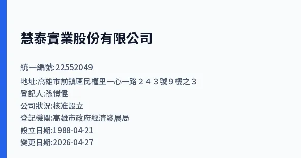 慧泰實業股份有限公司的照片-統編 22552049(高雄市) 公司登記資料與營業項目詳細圖表