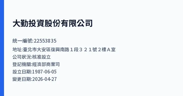 大勤投資股份有限公司的照片-統編 22553835(臺北市) 公司登記資料與營業項目詳細圖表
