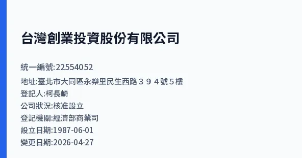 台灣創業投資股份有限公司的照片-統編 22554052(臺北市) 公司登記資料與營業項目詳細圖表