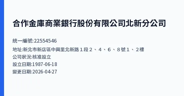 合作金庫商業銀行股份有限公司北新分公司的照片-統編 22554546(新北市) 公司登記資料與營業項目詳細圖表