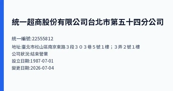 統一超商股份有限公司台北市第五十四分公司的照片-統編 22555812(臺北市) 公司登記資料與營業項目詳細圖表