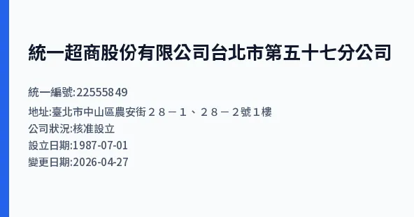 統一超商股份有限公司台北市第五十七分公司的照片-統編 22555849(臺北市) 公司登記資料與營業項目詳細圖表