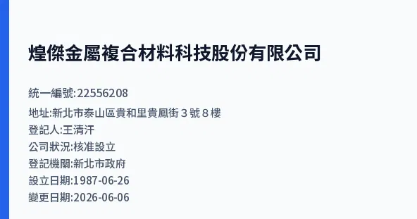 煌傑金屬複合材料科技股份有限公司的照片-統編 22556208(新北市) 公司登記資料與營業項目詳細圖表