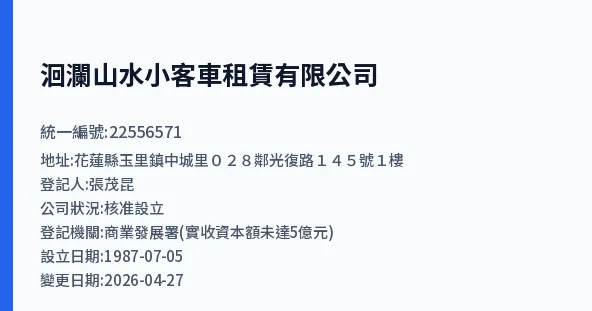 洄瀾山水小客車租賃有限公司的照片-統編 22556571(花蓮縣) 公司登記資料與營業項目詳細圖表