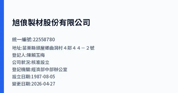 旭俍製材股份有限公司的照片-統編 22558780(苗栗縣) 公司登記資料與營業項目詳細圖表