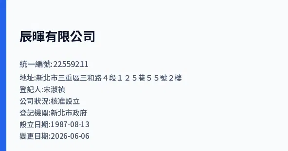 辰暉有限公司的照片-統編 22559211(新北市) 公司登記資料與營業項目詳細圖表