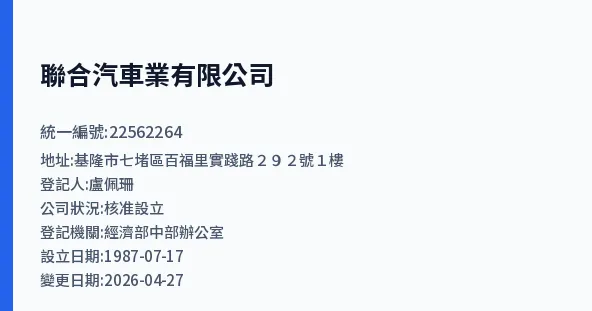 聯合汽車業有限公司的照片-統編 22562264(基隆市) 公司登記資料與營業項目詳細圖表