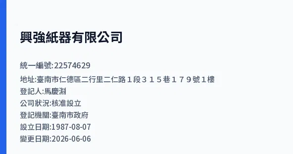興強紙器有限公司的照片-統編 22574629(臺南市) 公司登記資料與營業項目詳細圖表