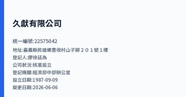 久獻有限公司的照片-統編 22575042(嘉義縣) 公司登記資料與營業項目詳細圖表