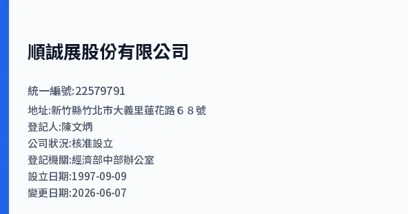 順誠展股份有限公司的照片-統編 22579791(新竹縣) 公司登記資料與營業項目詳細圖表