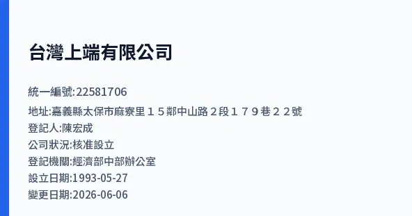 台灣上端有限公司的照片-統編 22581706(嘉義縣) 公司登記資料與營業項目詳細圖表