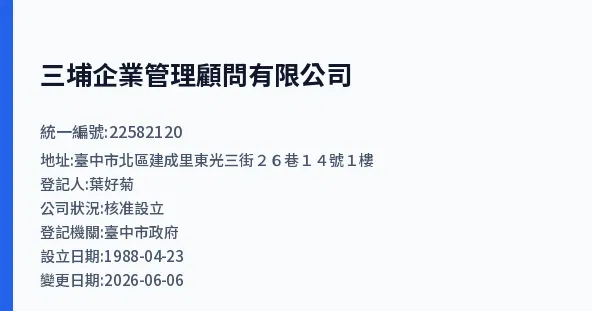 三埔企業管理顧問有限公司的照片-統編 22582120(臺中市) 公司登記資料與營業項目詳細圖表
