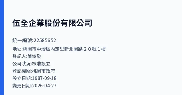 伍全企業股份有限公司的照片-統編 22585652(桃園市) 公司登記資料與營業項目詳細圖表