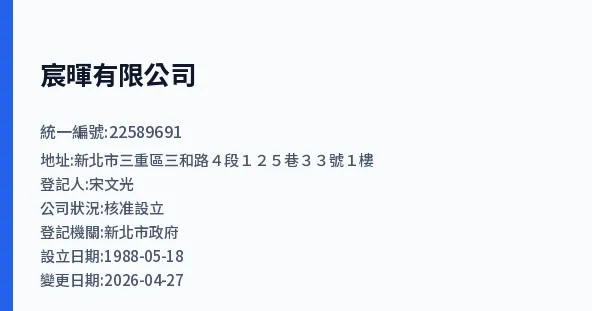 宸暉有限公司的照片-統編 22589691(新北市) 公司登記資料與營業項目詳細圖表