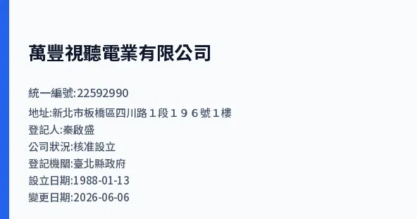 萬豐視聽電業有限公司的照片-統編 22592990(新北市) 公司登記資料與營業項目詳細圖表