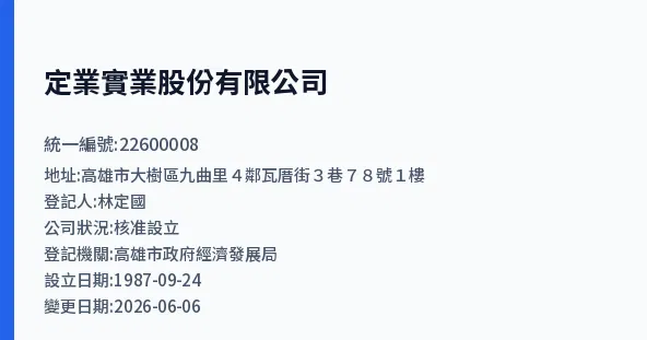 定業實業股份有限公司的照片-統編 22600008(高雄市) 公司登記資料與營業項目詳細圖表