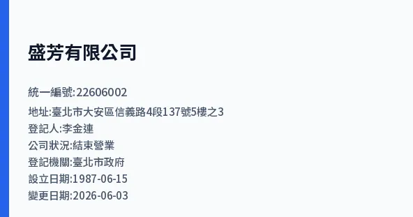盛芳有限公司的照片-統編 22606002(臺北市) 公司登記資料與營業項目詳細圖表