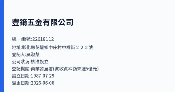 豐錥五金有限公司的照片-統編 22618112(彰化縣) 公司登記資料與營業項目詳細圖表
