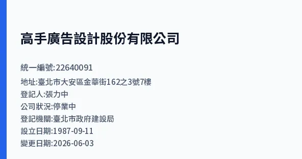 高手廣告設計股份有限公司的照片-統編 22640091(臺北市) 公司登記資料與營業項目詳細圖表