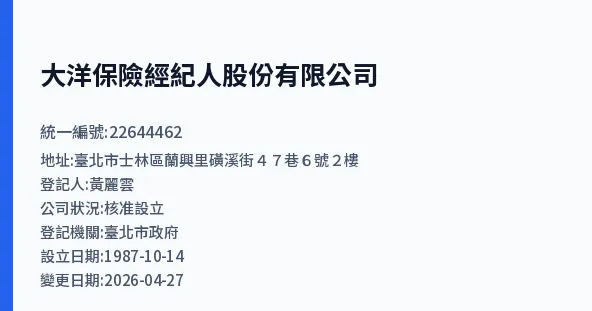 大洋保險經紀人股份有限公司的照片-統編 22644462(臺北市) 公司登記資料與營業項目詳細圖表