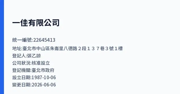 一佳有限公司的照片-統編 22645413(臺北市) 公司登記資料與營業項目詳細圖表