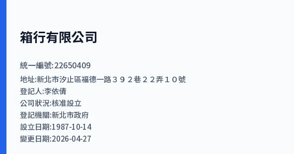 箱行有限公司的照片-統編 22650409(新北市) 公司登記資料與營業項目詳細圖表