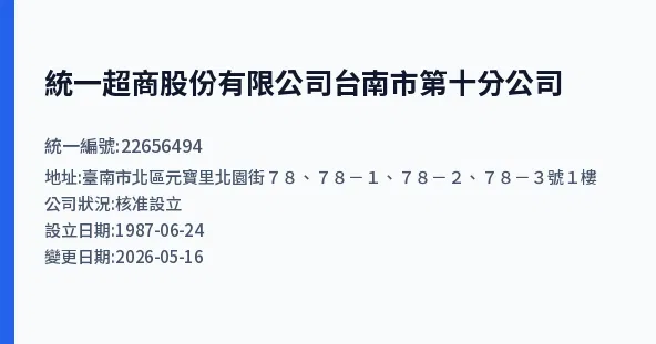 統一超商股份有限公司台南市第十分公司的照片-統編 22656494(臺南市) 公司登記資料與營業項目詳細圖表