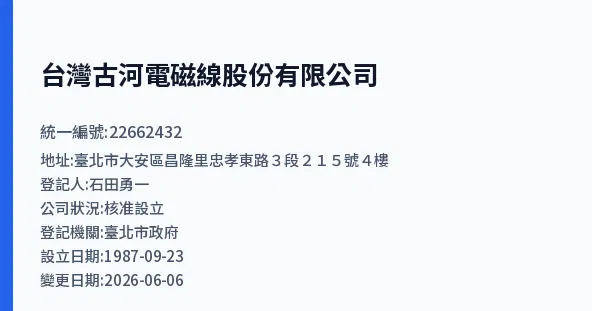 台灣古河電磁線股份有限公司的照片-統編 22662432(臺北市) 公司登記資料與營業項目詳細圖表